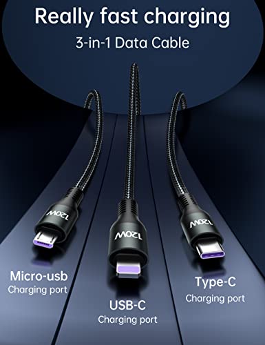 Quikbee Multi Charging Cable, 4ft/1.2m, 3 in 1 Fast Charging Cable Nylon Braided USB-C/Type c Charging Cable/Micro-USB Ports for Mobile15 14 13 12 11 xs x, Samsung,Huawei,and Other Devices.