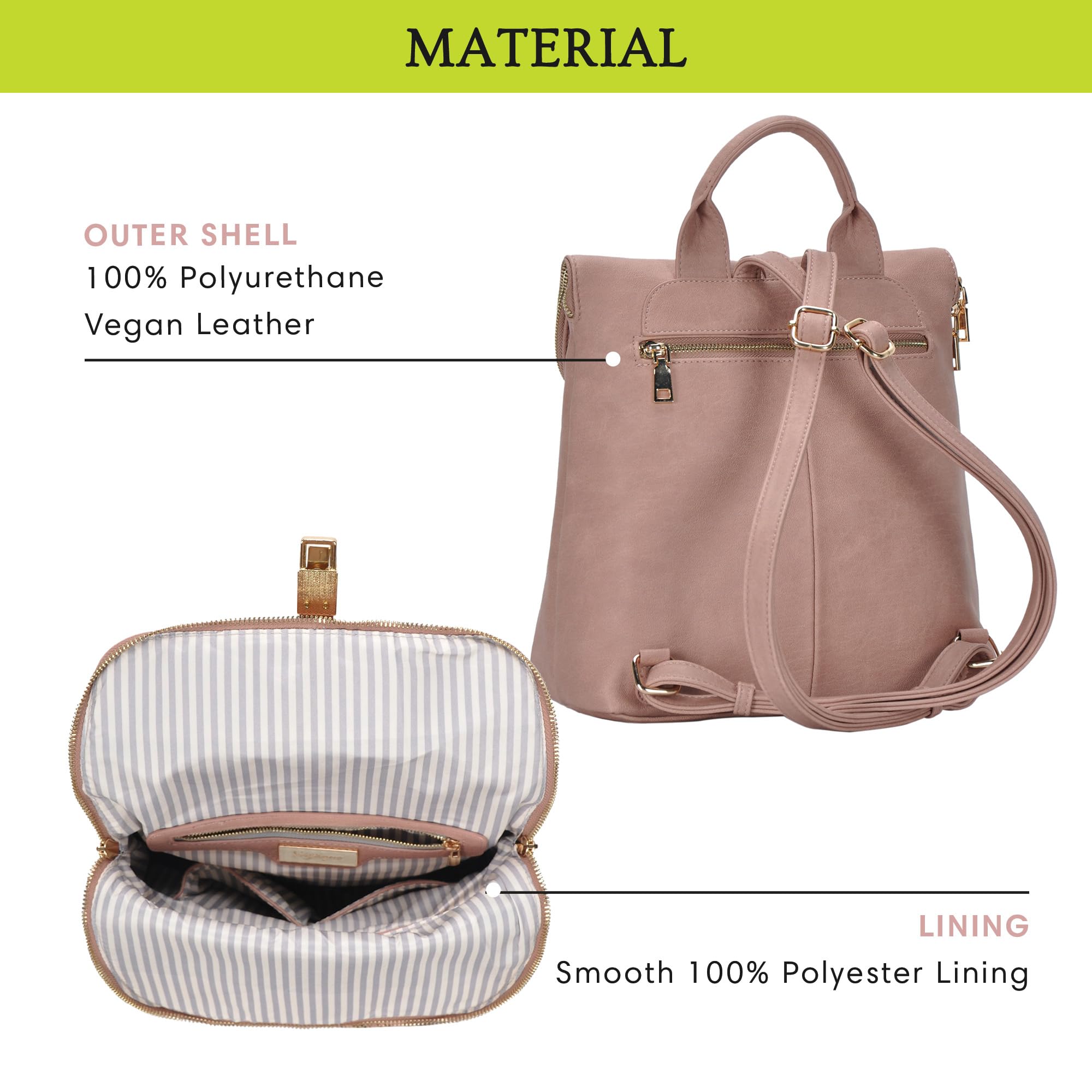 Miztique Diana Backpack Purse | Soft Vegan Leather Flap Over Tote Bag | 11L x 5.25W x 12H (Blush)