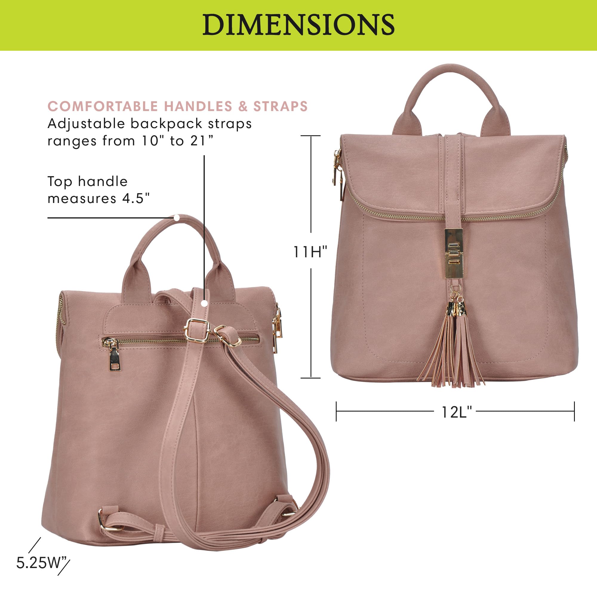 Miztique Diana Backpack Purse | Soft Vegan Leather Flap Over Tote Bag | 11L x 5.25W x 12H (Blush)