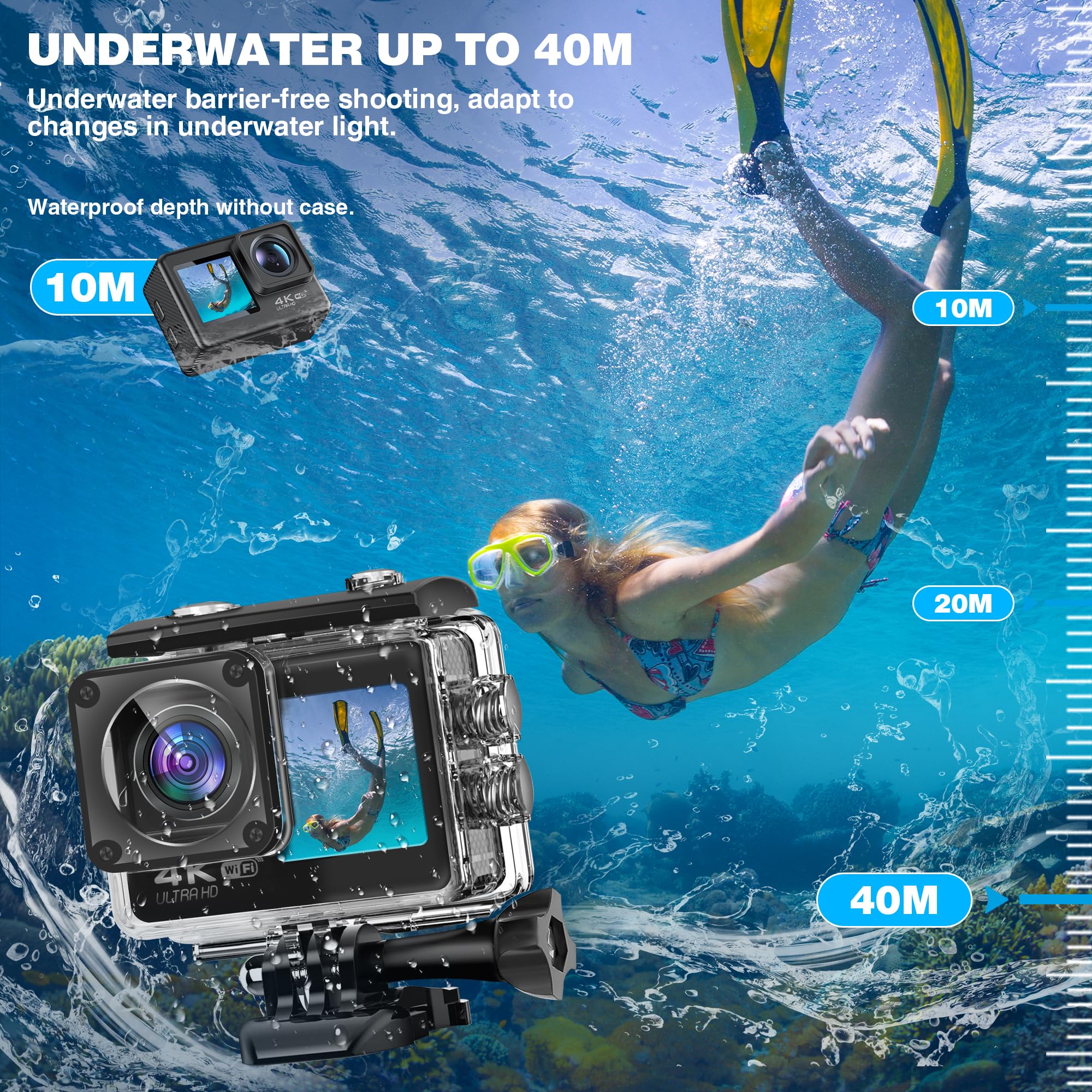 4K Action Camera, Sports Video Camera WiFi with Touch Screen Dual Screen 131FT Underwater Camera Waterproof, EIS 2.0, 170° Wide Angle, Zoom, 2 Batteries and Accessory Kits for Vlog