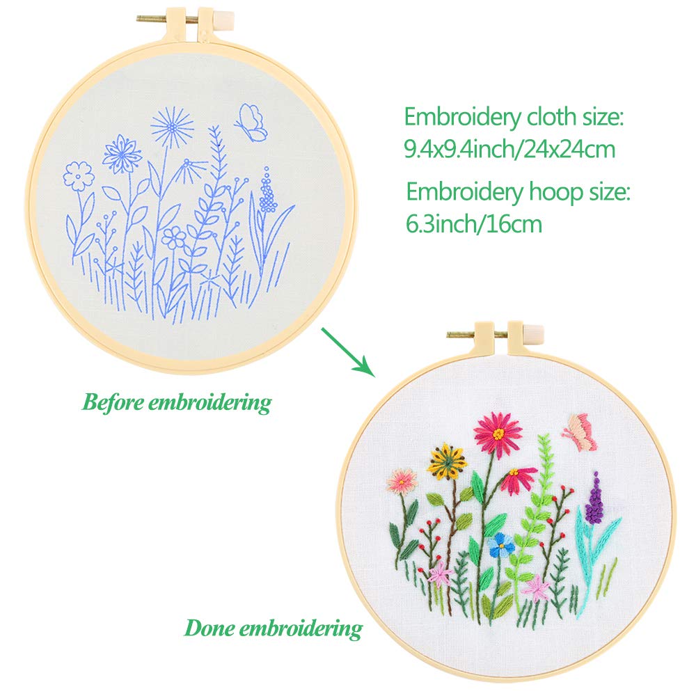 Caydo 3 Sets Embroidery Starter Kit with Pattern and Instructions, Cross Stitch Kits Include 3 Embroidery Cloth with Floral Pattern, 3 Plastic Embroidery Hoops, Color Threads and Tools
