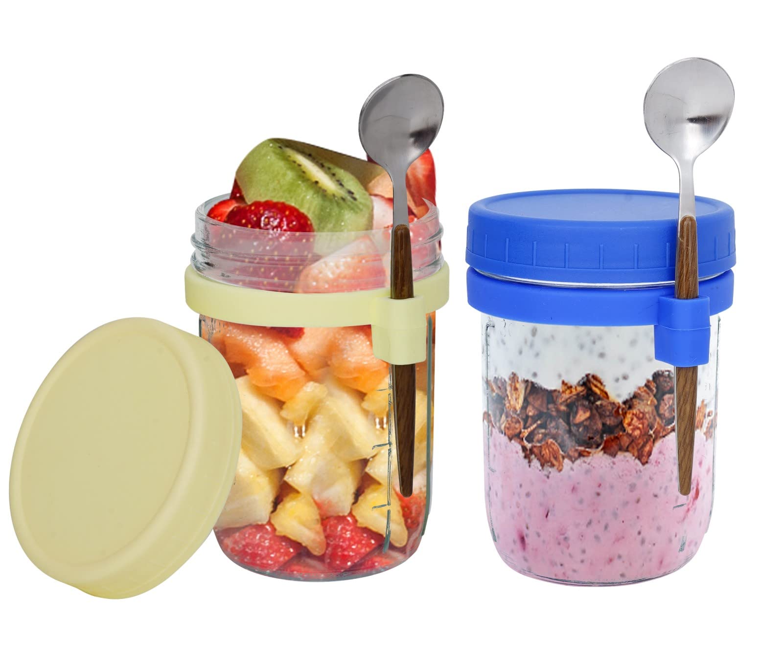 KETWOD Overnight oats containers jars with lids and spoons.The 16oz mason jars for overnight oats can store oats, fruits, vegetables, chia seeds, etc. 2 colors overnight oats jars.