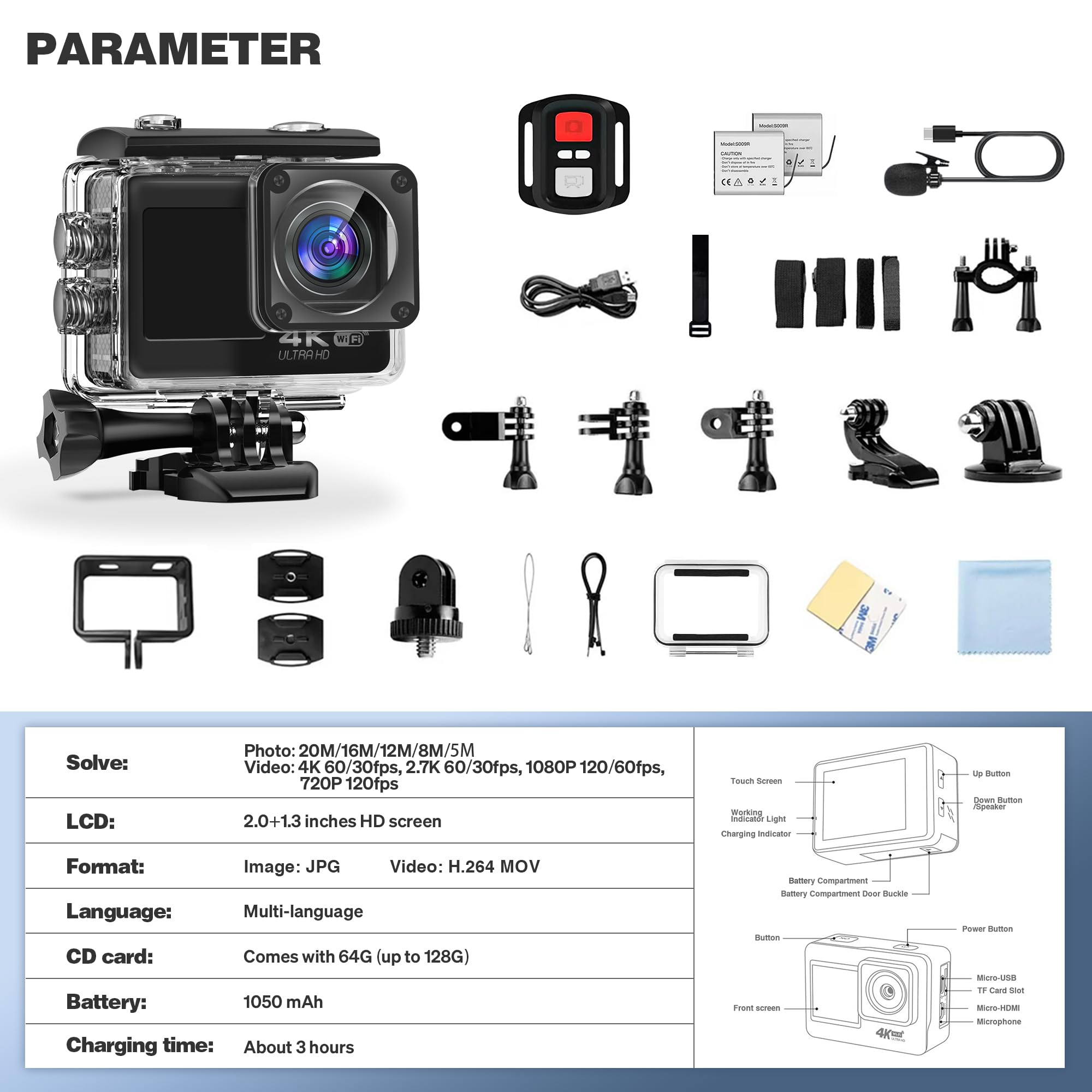 4K Action Camera, Sports Video Camera WiFi with Touch Screen Dual Screen 131FT Underwater Camera Waterproof, EIS 2.0, 170° Wide Angle, Zoom, 2 Batteries and Accessory Kits for Vlog