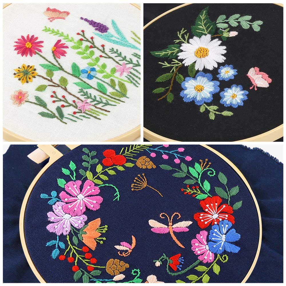 Caydo 3 Sets Embroidery Starter Kit with Pattern and Instructions, Cross Stitch Kits Include 3 Embroidery Cloth with Floral Pattern, 3 Plastic Embroidery Hoops, Color Threads and Tools