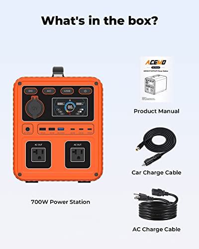 ACEMO Portable Power Station 666Wh LiFePO4 Battery Power Station with 2x700W(Surge 1000W) AC Outlets, 360W AC Inputs Fast Charging Solar Generator for Camping, Home Backup, Emergency