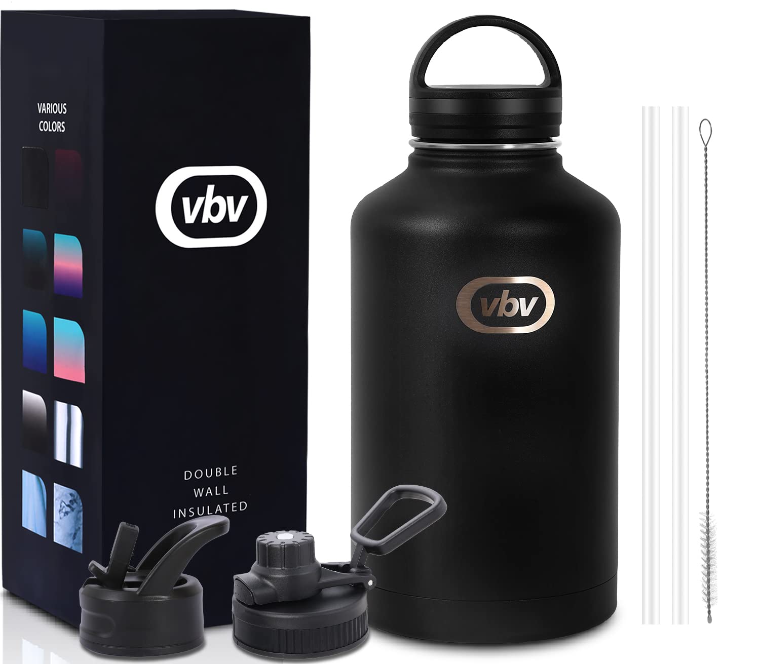 vbv Insulated Water Bottle - 64 Oz, 3 Lids (Straw Lid), Half Gallon Large Metal Stainless Steel Water Jug, Big Double Wall Vacuum Flask, Leakproof Keep Cold & Hot for Sports and Travel