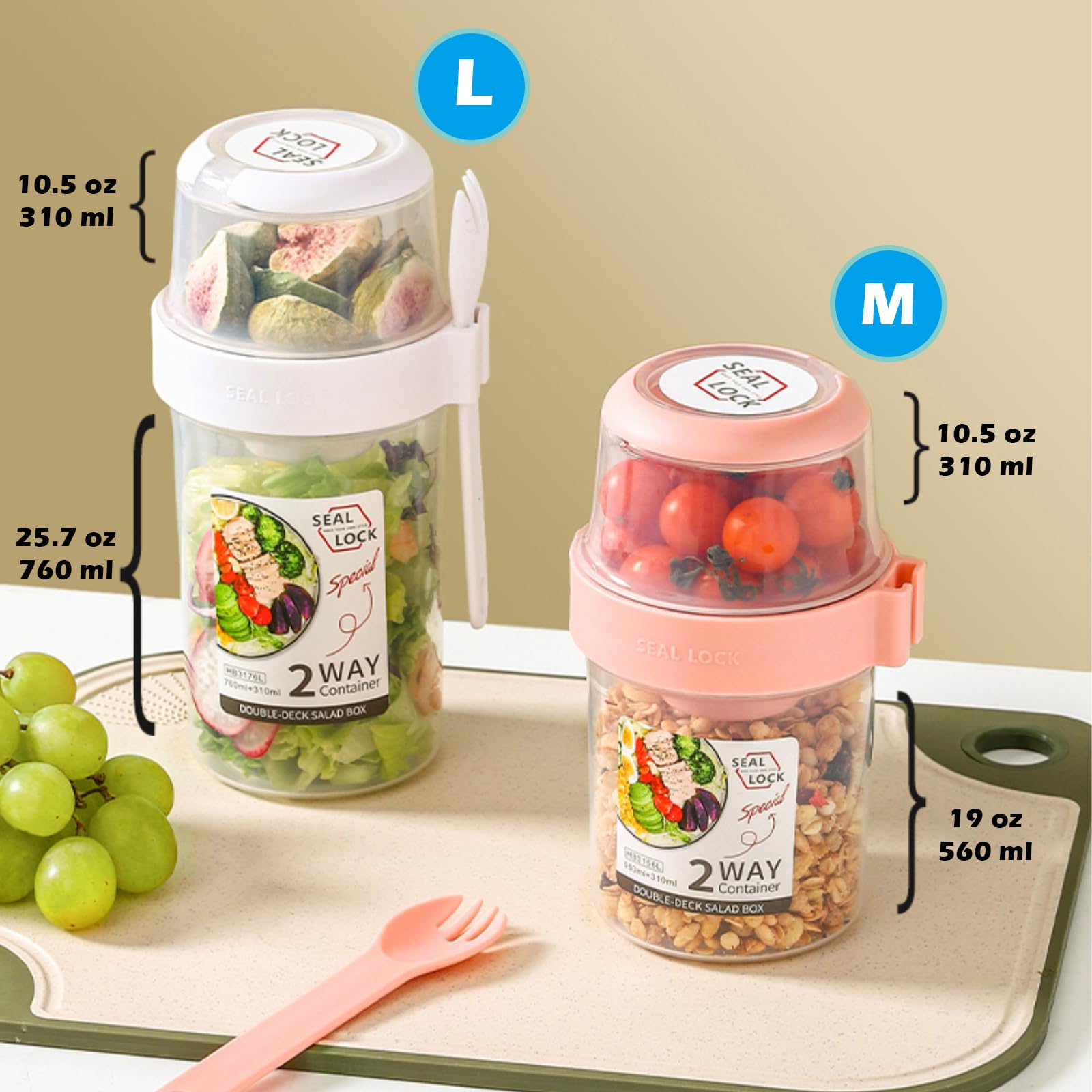 Daasigwaa Breakfast On The Go Cups, Salad Cup To Go, Take And Go Yogurt Cereal Overnight Oats Snack Parfait Containers & Salad Dressing Holder With Fork For Lunch, Fruit & Vegetable Jar(White,36.2oz)