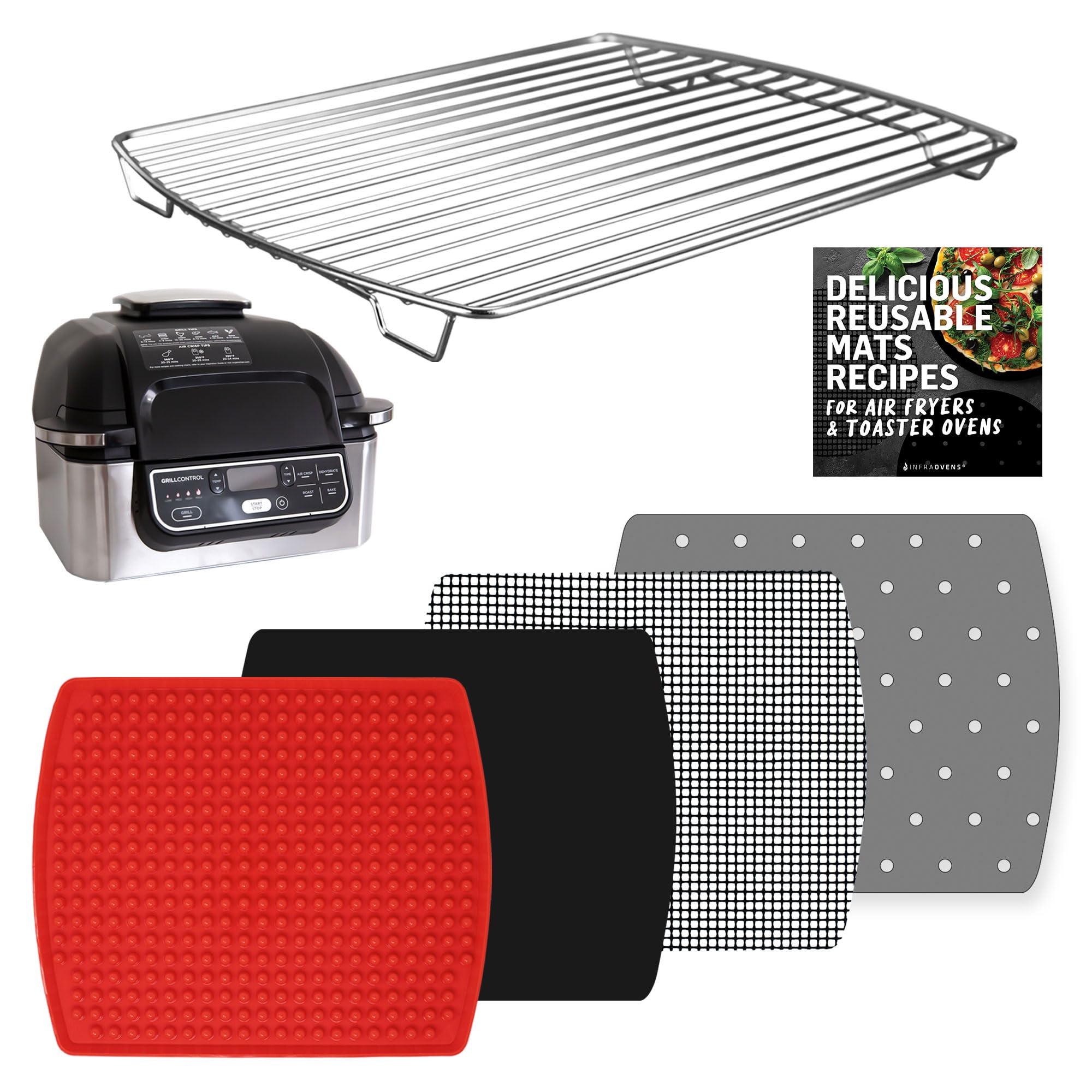 Air Fryer Rack and Reusable Liners For Ninja Foodi Grill 5-in-1 AG301 4qt, Airfryer Accessories, Replacement for Parchment Paper, Heat Resistant Mats and Stainless Steel Cooking Rack by INFRAOVENS