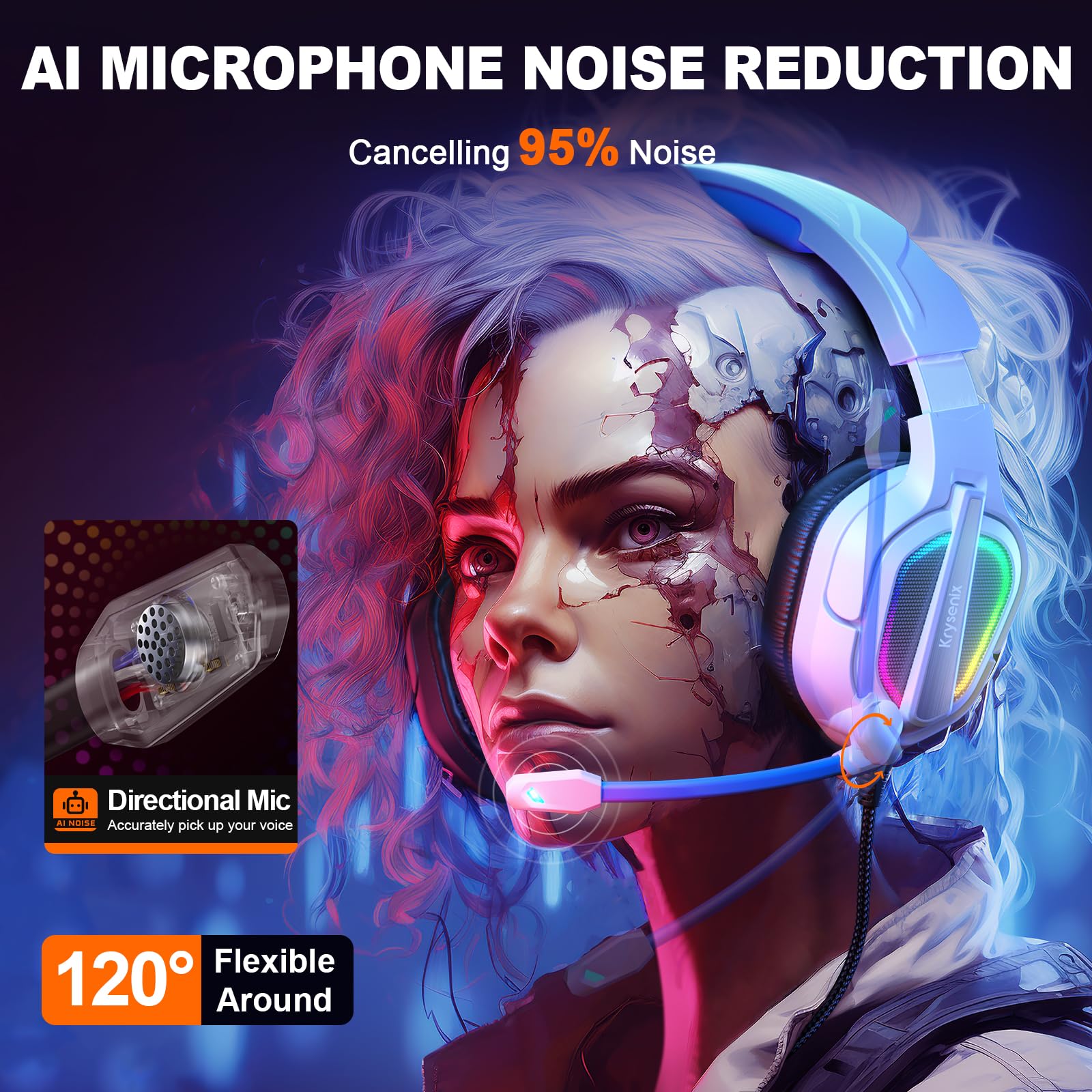 Krysenix Gaming Headset for PS4, PS5, PC, Mac, Xbox Series X, Noise Canceling Headphones with Microphone, PG2 Computer Headset with 3.5mm Jack & RGB Light White/Blue