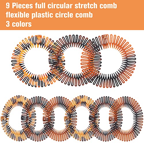 9 Pieces Circular Flexible Plastic Hair Combs and Headbands for Women Girls, 3 Colors (Yellow Leopard, Red Leopard, Tortoise Shell)