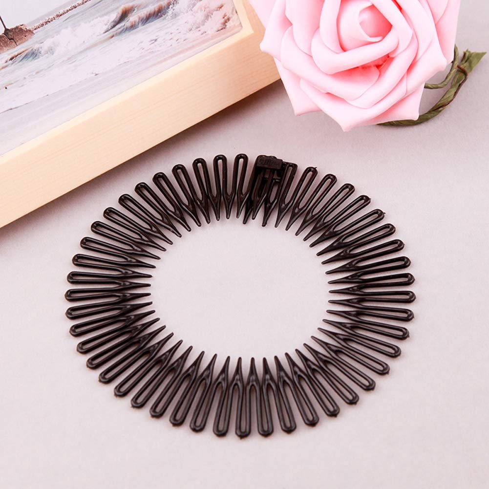 8Pcs Full Circle Spring Head Band Comb Plastic Flexible Hair Combs Headbands with Deep Teeth and Closure (4 Black + 4 Brown)