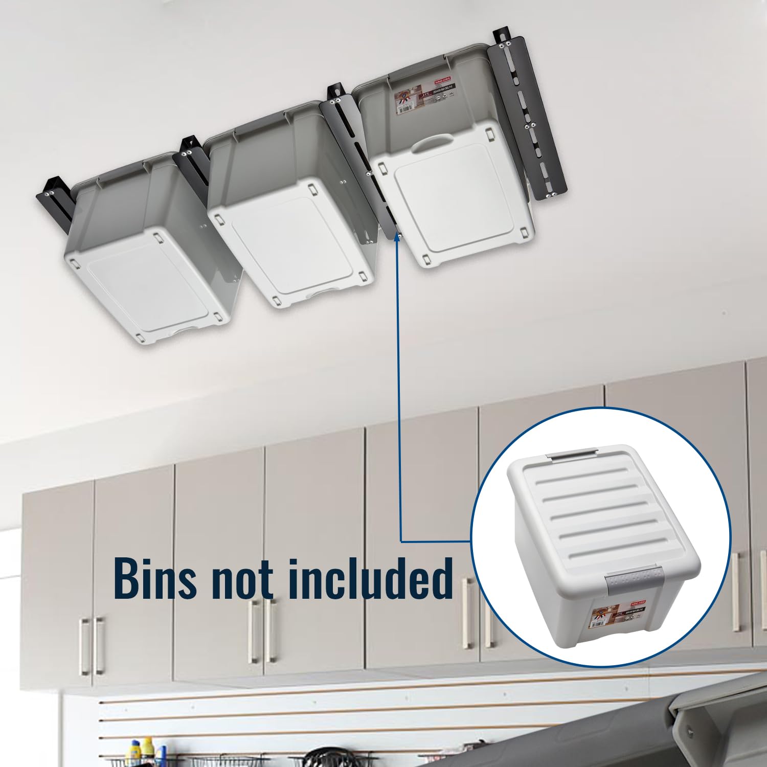 Wallmaster Overhead Storage Bin Rack for 3 Bins, Ceiling Garage Storage Bracket for Holding Gallon Tote, Heavy Duty Metal Storage Organization