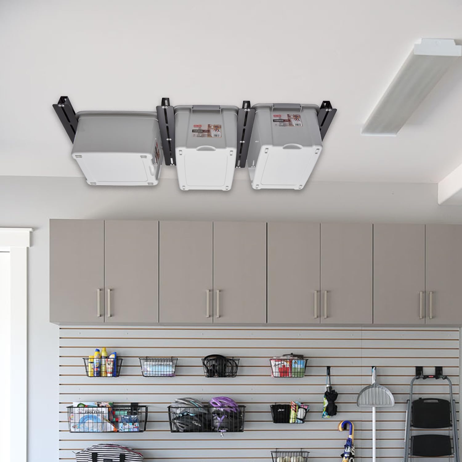 Wallmaster Overhead Storage Bin Rack for 3 Bins, Ceiling Garage Storage Bracket for Holding Gallon Tote, Heavy Duty Metal Storage Organization