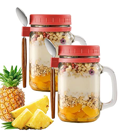 Yogurt Containers, 2 Pieces Oats Jars,480ml Glass Oatmeal Jars, Long Lasting Overnight Oats Jars, Anti Scald Design Yougurt Cups with Lids and Spoons, Breakfast Cups for Smoothies Drinks Juices