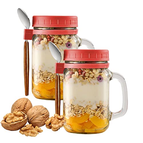 Yogurt Containers, 2 Pieces Oats Jars,480ml Glass Oatmeal Jars, Long Lasting Overnight Oats Jars, Anti Scald Design Yougurt Cups with Lids and Spoons, Breakfast Cups for Smoothies Drinks Juices