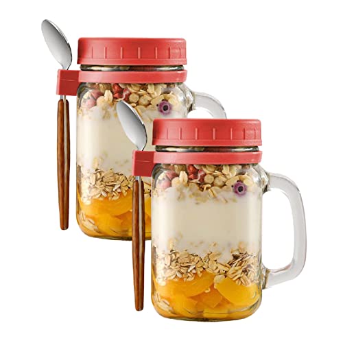 Yogurt Containers, 2 Pieces Oats Jars,480ml Glass Oatmeal Jars, Long Lasting Overnight Oats Jars, Anti Scald Design Yougurt Cups with Lids and Spoons, Breakfast Cups for Smoothies Drinks Juices