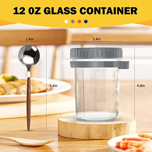 Bupto 4 Pack Overnight Oats Containers with Lids and Spoons, 16 oz Airtight Overnight Oats Jars with Measurement Marks Salad Jars for Cereal Milk Yogurt Vegetable Fruit On the Go Container (4 grey)