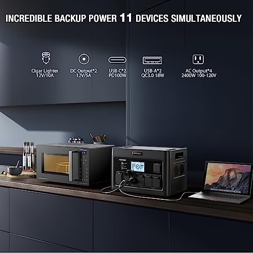 GRECELL Solar Generator 2400W Portable Power Station, 1843Wh UPS Backup LiFePO4 Battery Supply with 11 Outlets(4 2000W AC Outlets,2 PD100W), 2Hrs Quick Charge for Home Emergency RV Trip Van (H2400)