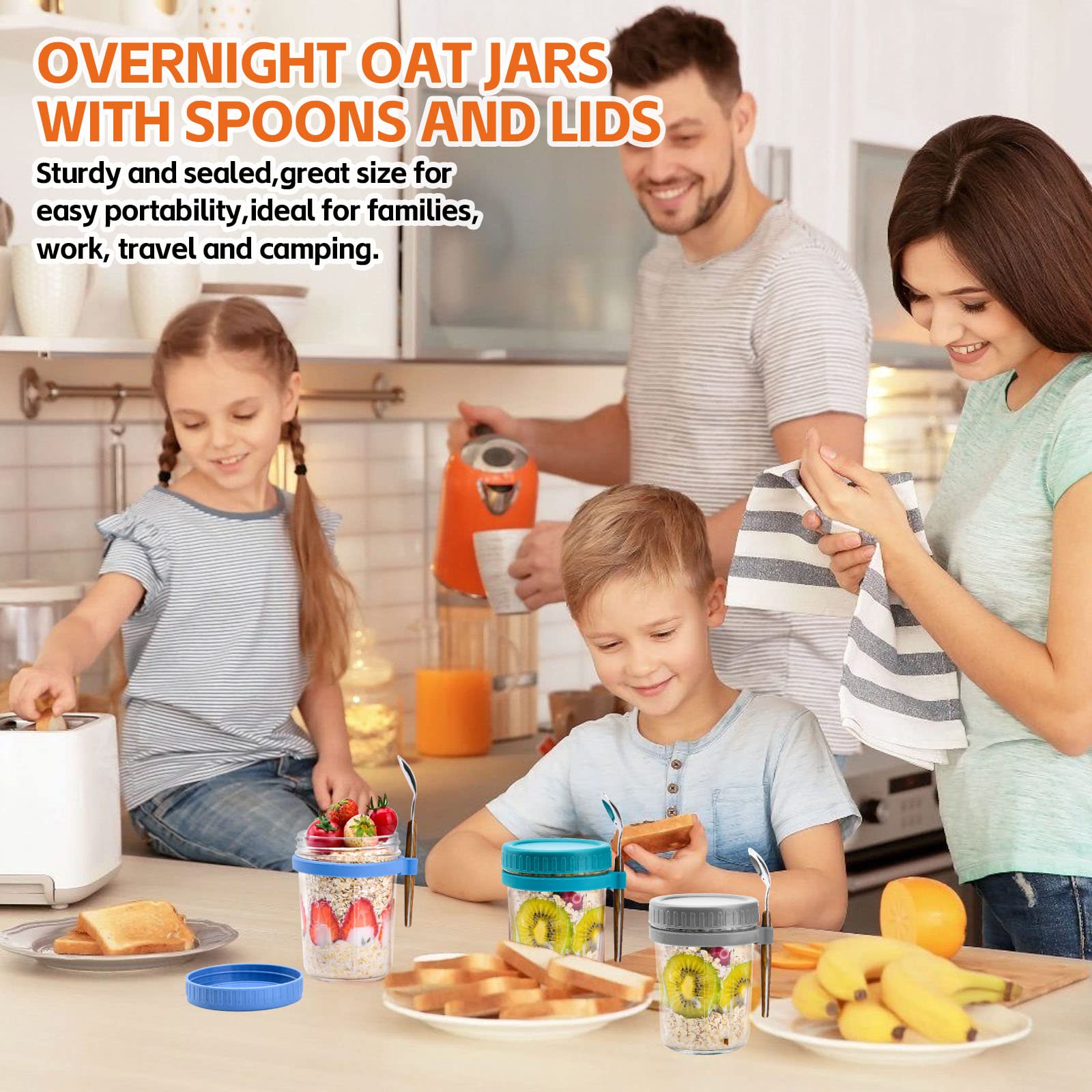 4 Pcs Portable Overnight Oats Containers with Lids and Spoons, 12 oz Mason Jars, Glass Jars with Measurement Marking, Reusable Yogurt Container for Cereal Fruit Salad