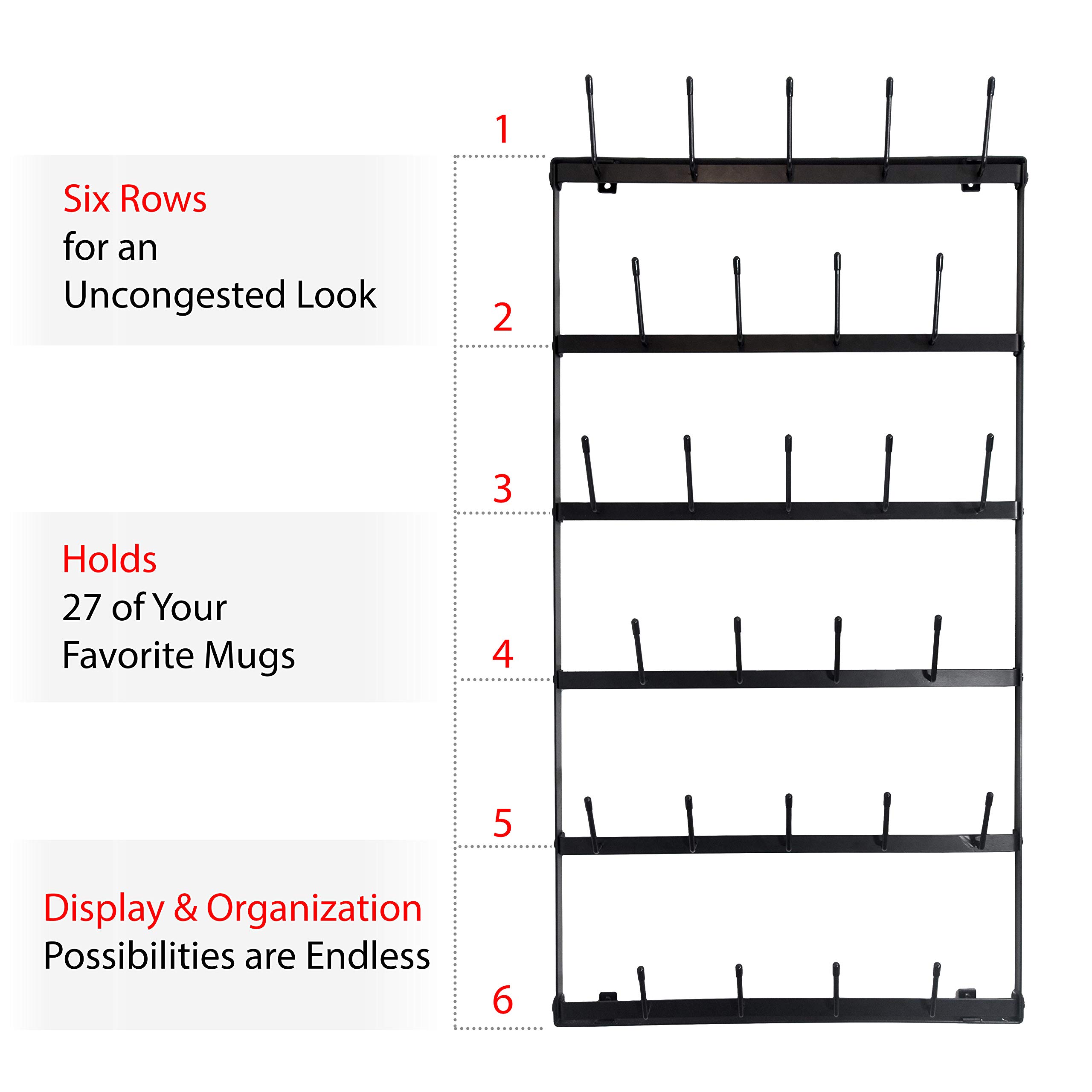 Wall Mounted Coffee Mug Rack - Large Rustic Black Iron Steel Kitchen Rack with 6 Rows - Storage for 27 Cups - Jar & Plate Holder - Vertical Display Organizer - Farmhouse Home Décor - Claimed Corner