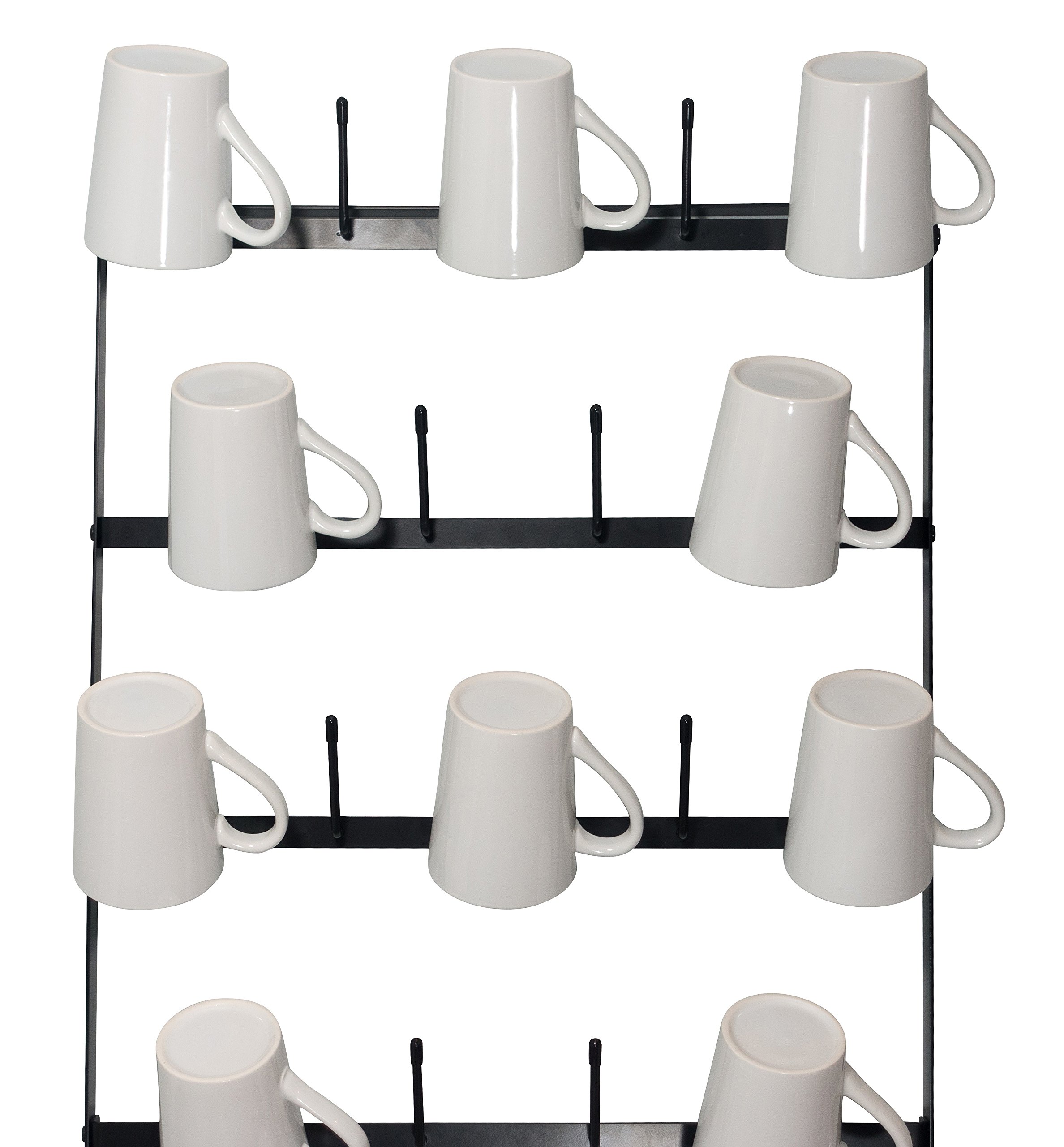 Wall Mounted Coffee Mug Rack - Large Rustic Black Iron Steel Kitchen Rack with 6 Rows - Storage for 27 Cups - Jar & Plate Holder - Vertical Display Organizer - Farmhouse Home Décor - Claimed Corner