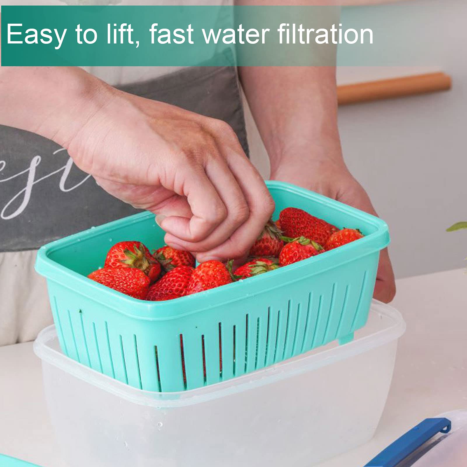 shopwithgreen 68oz Berry Keeper Container, Fruit Produce Saver Food Storage Containers with Removable Drain Colanders, Vegetable Fresh Keeper Set | Refrigerator Organizer