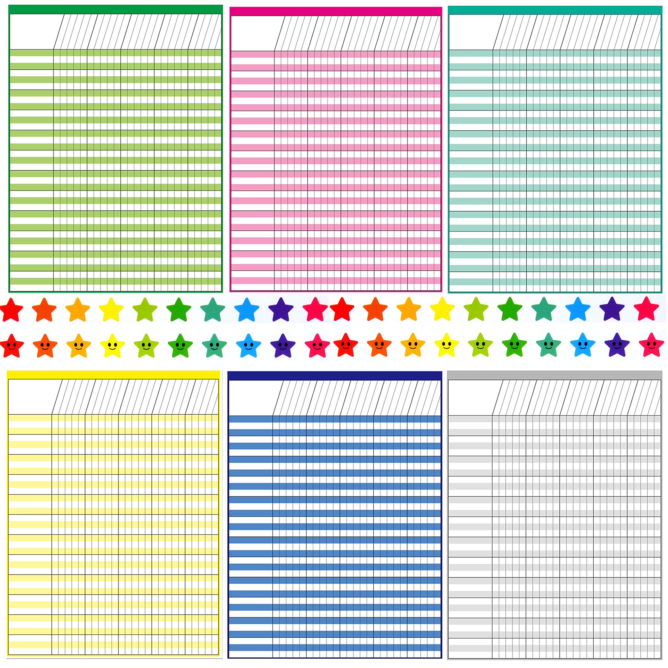 Youngever 6 Pack Multi-Color Laminated Dry Erase Incentive Chart with 120 Reward Star Stickers for Chore Responsibility, School Attendance, Homework Progress Tracking Chart (17 Inch x 22 Inch)