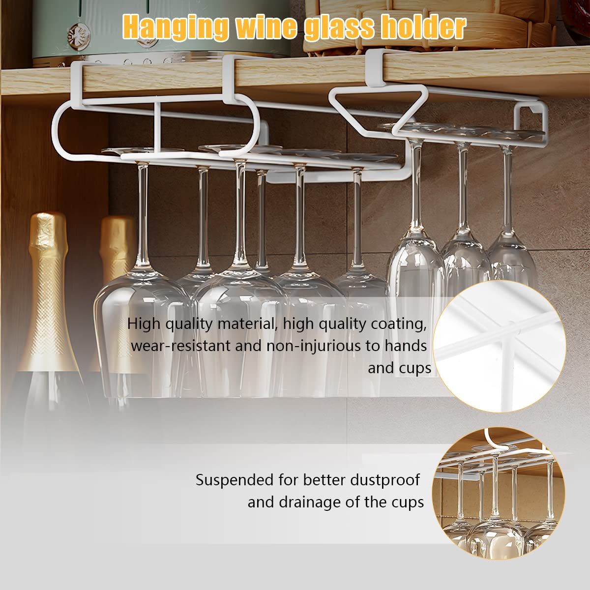 Brynnl 2 Pack Wine Glass Holder, Wine Glass Rack Under Cabinet,Punch-free Hanging Wine Glass Rack for Bar Kitchen (White)
