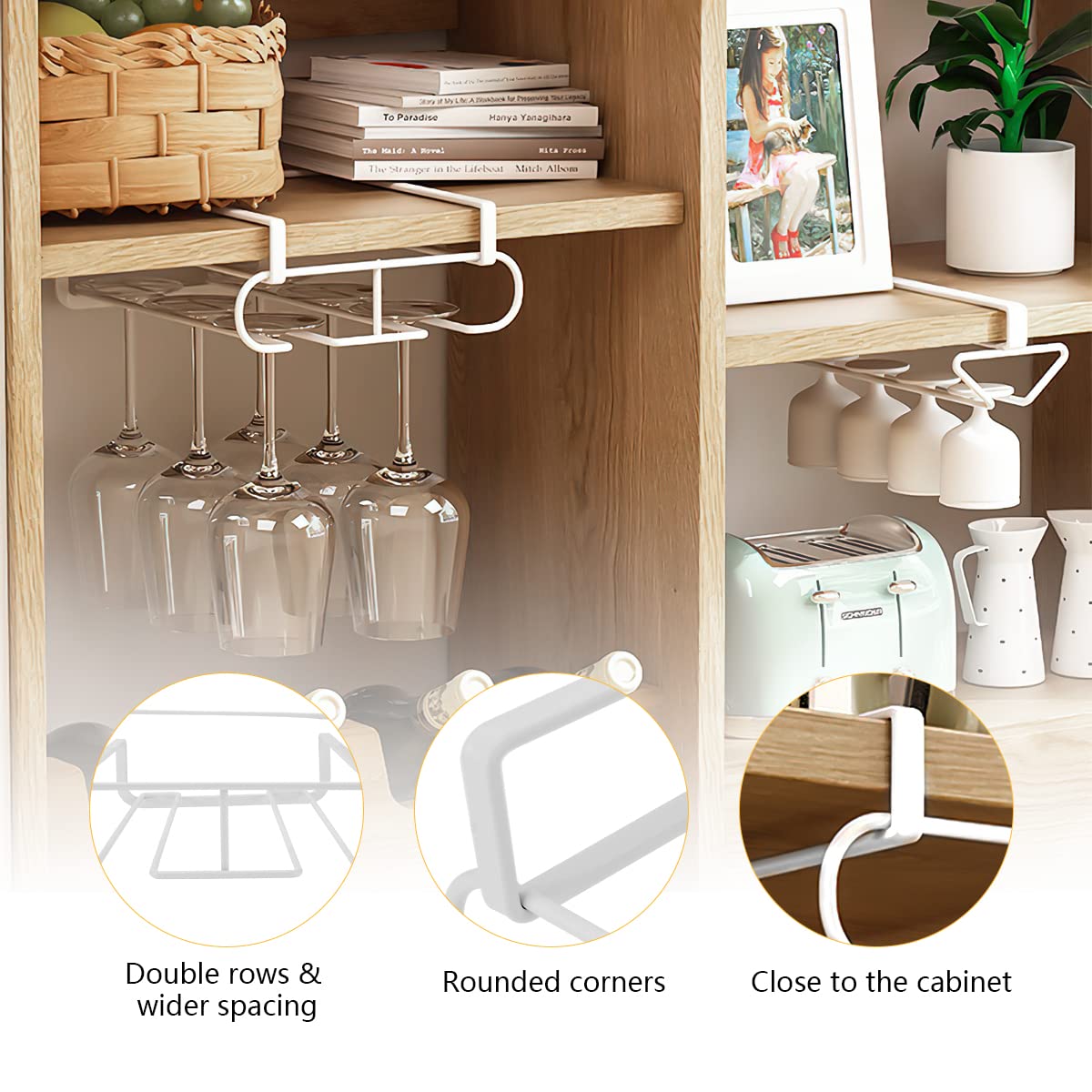 Brynnl 2 Pack Wine Glass Holder, Wine Glass Rack Under Cabinet,Punch-free Hanging Wine Glass Rack for Bar Kitchen (White)