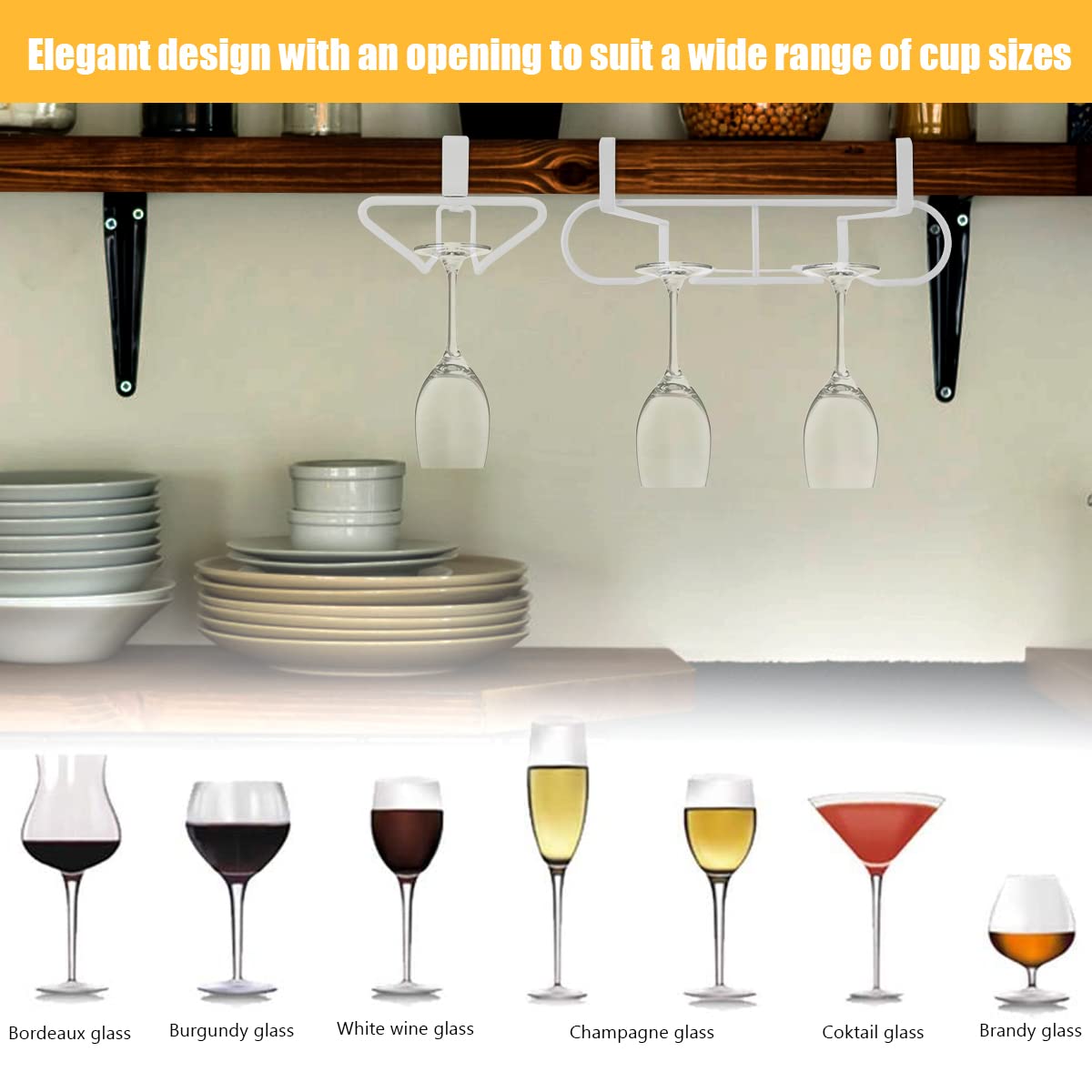 Brynnl 2 Pack Wine Glass Holder, Wine Glass Rack Under Cabinet,Punch-free Hanging Wine Glass Rack for Bar Kitchen (White)