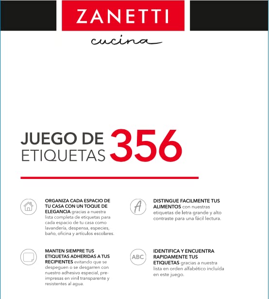 Zanetti Pantry Labels for Food Containers, Kitchen Food Labels for Storage Canisters & Jars, in Spanish (Black)