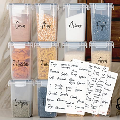 Zanetti Pantry Labels for Food Containers, Kitchen Food Labels for Storage Canisters & Jars, in Spanish (Black)