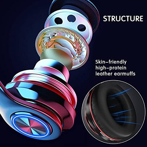 TPSKY Bluetooth Headphones Over Ear Headphones with Deep Bass LED Foldable Stereo Headphones for Smart Phone/TV/PC (Red/Black)