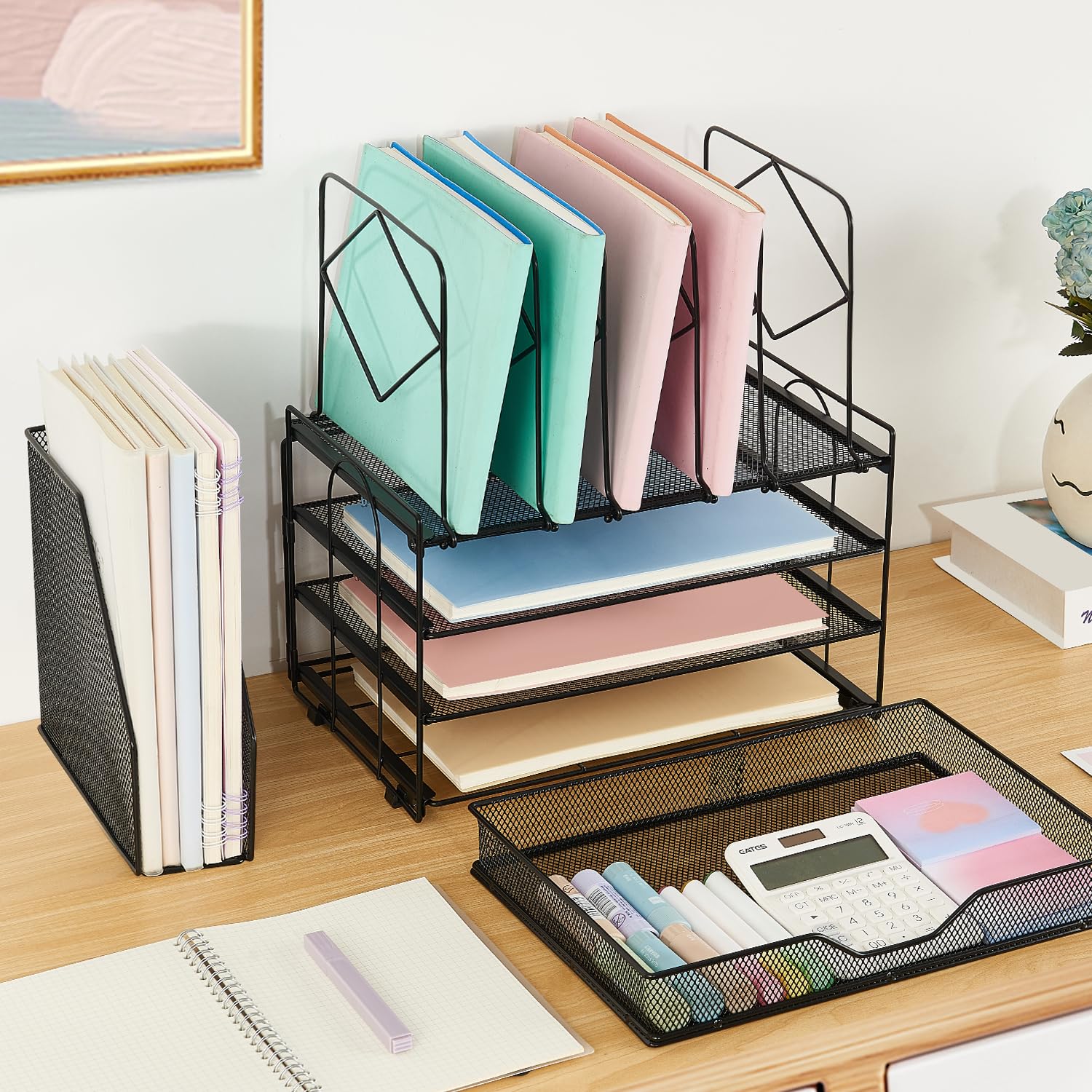 Spacrea Modern Minimalist Black 4-Tier Letter Trays Paper Organizer with File Holder and Drawer, Desk Accessories