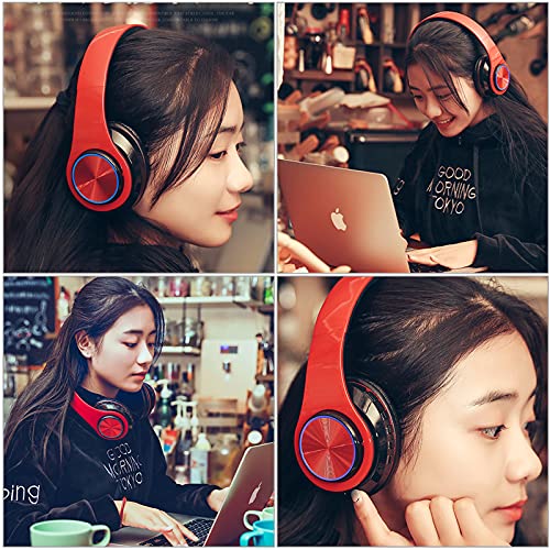 TPSKY Bluetooth Headphones Over Ear Headphones with Deep Bass LED Foldable Stereo Headphones for Smart Phone/TV/PC (Red/Black)