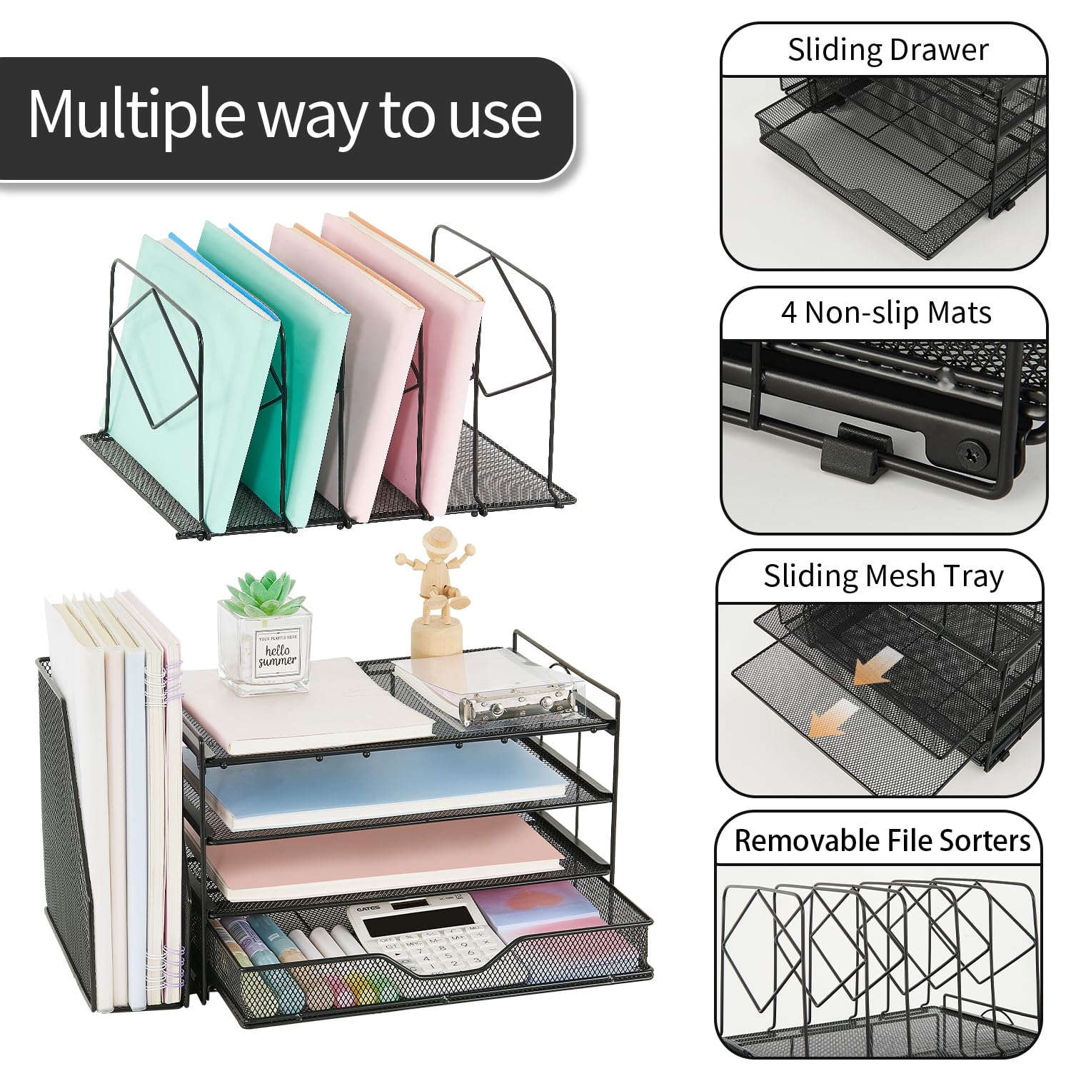 Spacrea Modern Minimalist Black 4-Tier Letter Trays Paper Organizer with File Holder and Drawer, Desk Accessories