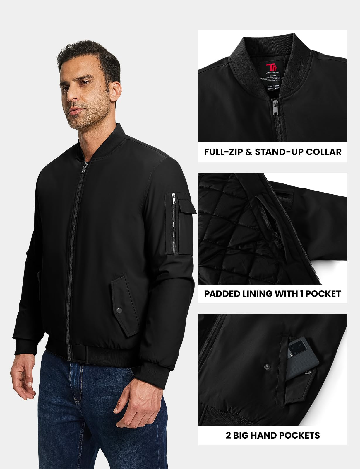 TBMPOY Men's Bomber Jacket Lightweight Winter Windbreaker Zip Up Padded Softshell Windproof Water-Resistant Casual Fall Coat Black L