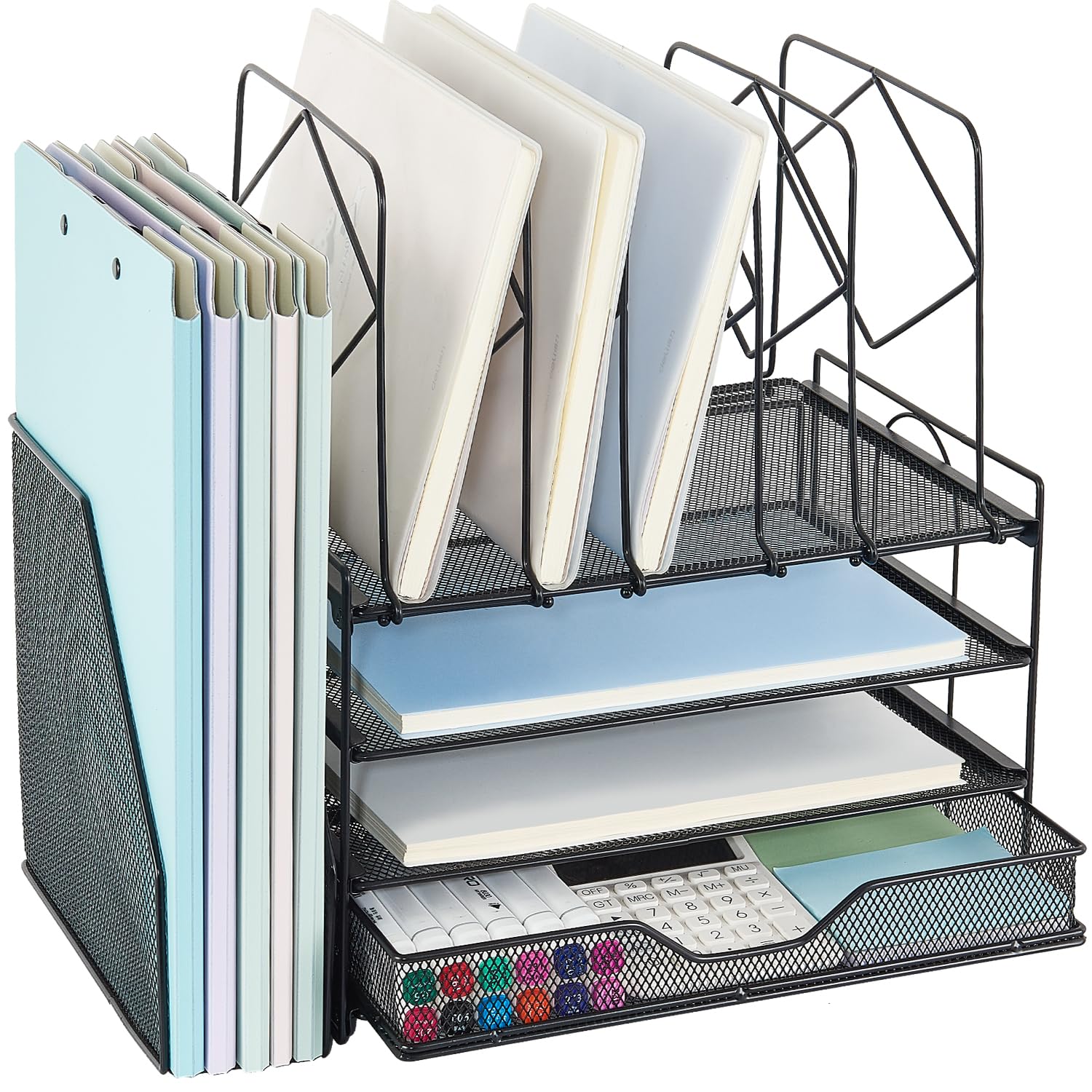 Spacrea Modern Minimalist Black 4-Tier Letter Trays Paper Organizer with File Holder and Drawer, Desk Accessories