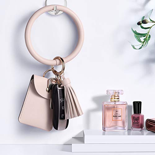 Adorve Key Ring Bracelets Card Holder PU Leather Tassel Round Key Chain Wristlet Bangle Keychain with Wallet for Women Girls, Pink
