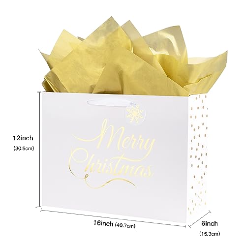 WRAPAHOLIC Christmas Gift Bags - 6 Pack Large Size White Gold Foil Merry Christmas Lettering Bags with 18 Sheets Wrapping Tissue Paper - 16" x 6" x 12"