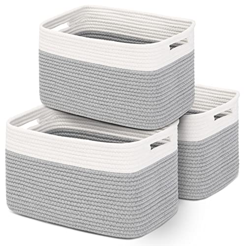 DOFASAYI Cotton Rope Storage Baskets 3-Pack - Baskets for Organizing,Baby Basket for Nursery Storage, Woven Baskets for Storage, Collapsible Storage Bins & Toy Organizer with Handles, Grey/Off White