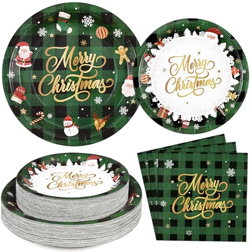 Homlouue 200 PCS Christmas Paper Plates and Napkins, Merry Christmas Disposable Dinnerware Set, Green and Black Plaid Paper Plates Christmas Party Supplies, Cute Cartoon Santa Snowman Plates Serves 50
