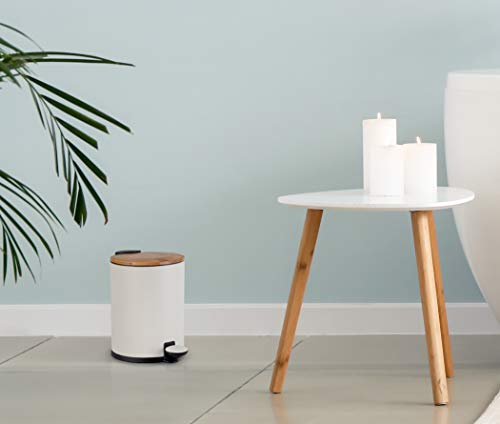 Kazai.®️ Bamboo Bathroom Trash Can | Soft Close and Slip-Resistant | 3L / 0.8 Gall. | Stainless Steel | White