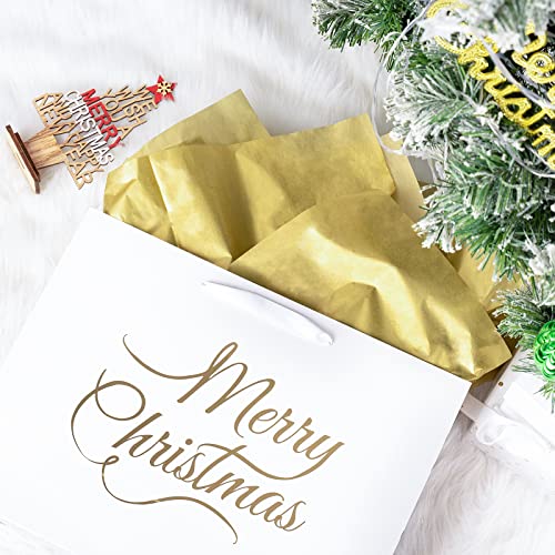 WRAPAHOLIC Christmas Gift Bags - 6 Pack Large Size White Gold Foil Merry Christmas Lettering Bags with 18 Sheets Wrapping Tissue Paper - 16" x 6" x 12"