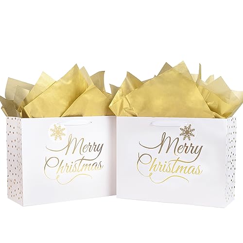 WRAPAHOLIC Christmas Gift Bags - 6 Pack Large Size White Gold Foil Merry Christmas Lettering Bags with 18 Sheets Wrapping Tissue Paper - 16" x 6" x 12"