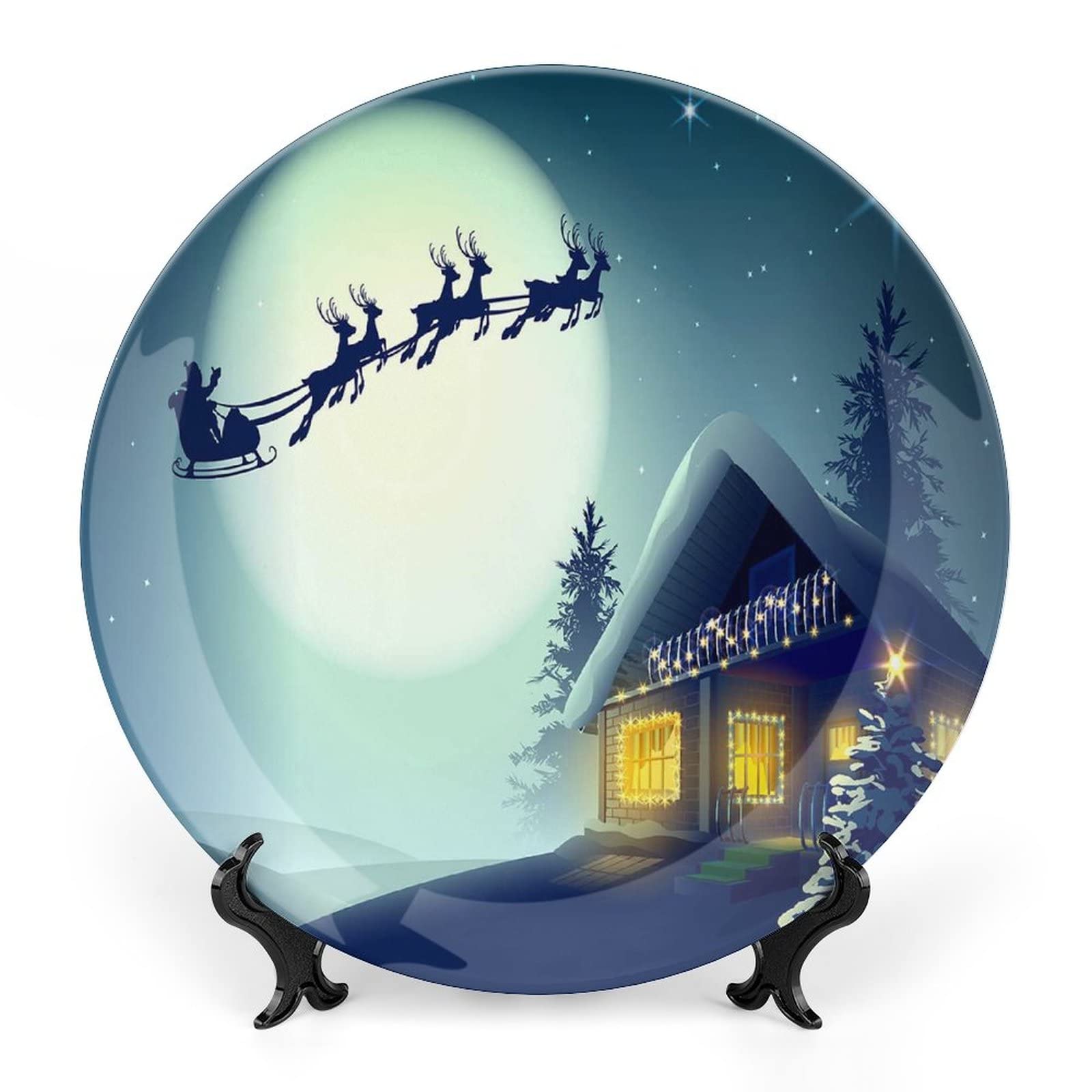 XISUNYA 8 Inch Decorative Plate, Christmas Santa Ceramic Plate, Claus and Reindeer Flying Over Christmas House Print Ceramic Wall Hanging for Home Office Party Dinner Table Decor, Multy