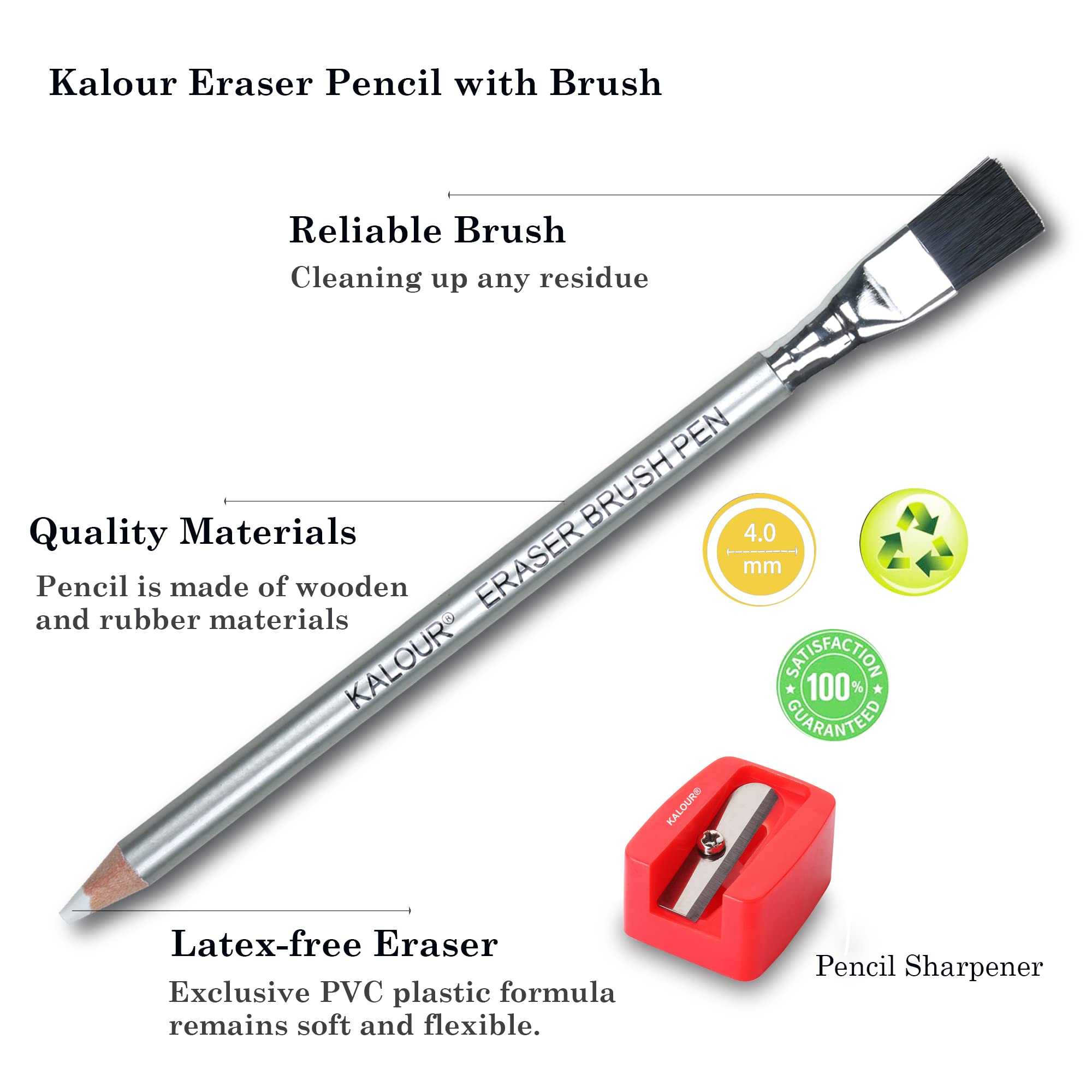 KALOUR Detail Eraser Pencil - 6pc Eraser Pencils with Brush and 2pc Sharpener,Erasing Small Details or add Highlights for Sketching, Charcoal Drawings. Fine Detail Eraser for Beginners & Artists