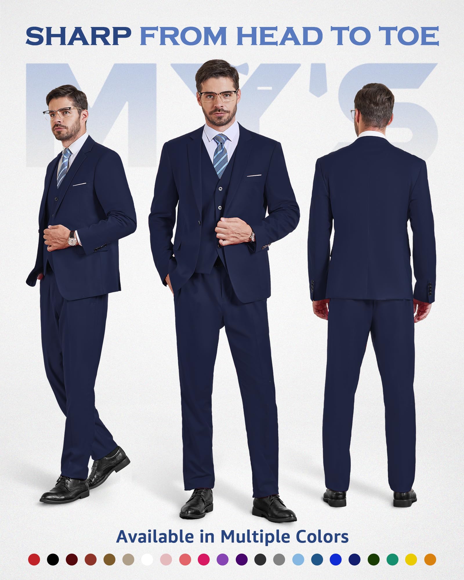MY'S Men's 3 Piece Slim Fit Suit Set, One Button Solid Jacket Vest Pants with Tie Deep Blue X-Small