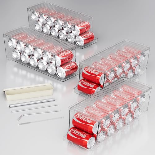 TCHCWYS 4 Pack Stackable Soda Can Organizer with Lids, Refrigerator Organizer Bins, Can Holder Dispenser for Refrigerator, Pantry, and Cabinets, BPA-Free, Holds 12 Cans Each (4)