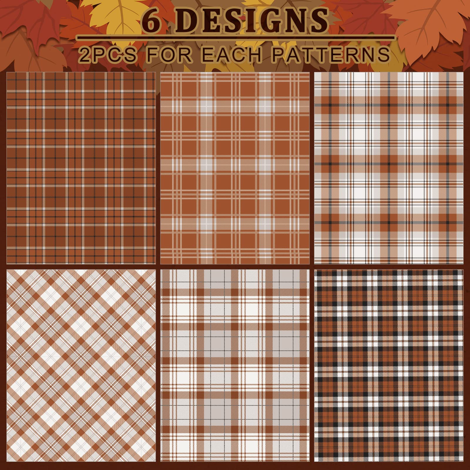 Whaline 12 Sheet Fall Gift Wrapping Paper 6 Design Orange Buffalo Plaids Printed Wrapping Sheet Autumn Theme Decorative Art DIY Craft Paper for Fall Celebration Gift Packing, 19.7 x 27.6 Inch